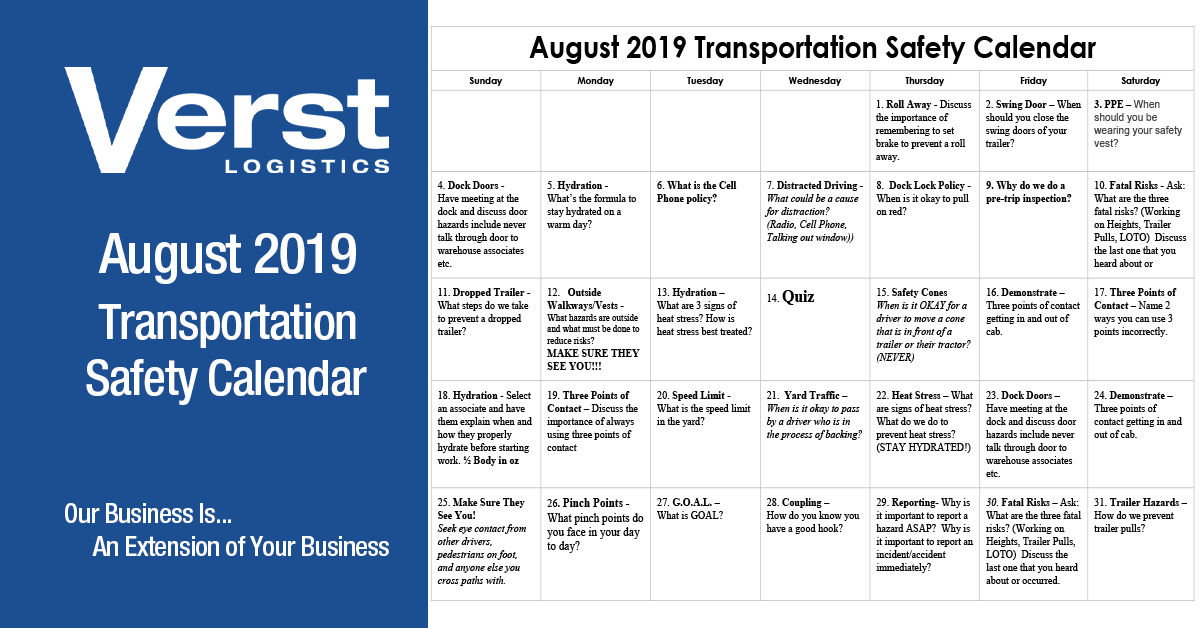 August 2019 Transportation Safety Calendar